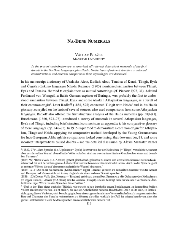 (PDF) NA-DENE NUMERALS. Mother Tongue 22, 2020