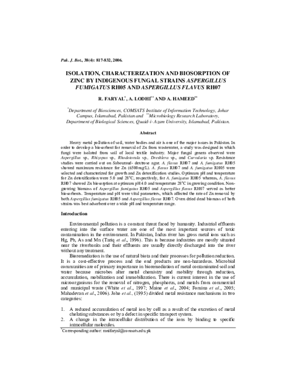 Pdf Isolation Characterization And Biosorption Of Zinc By Indigenous