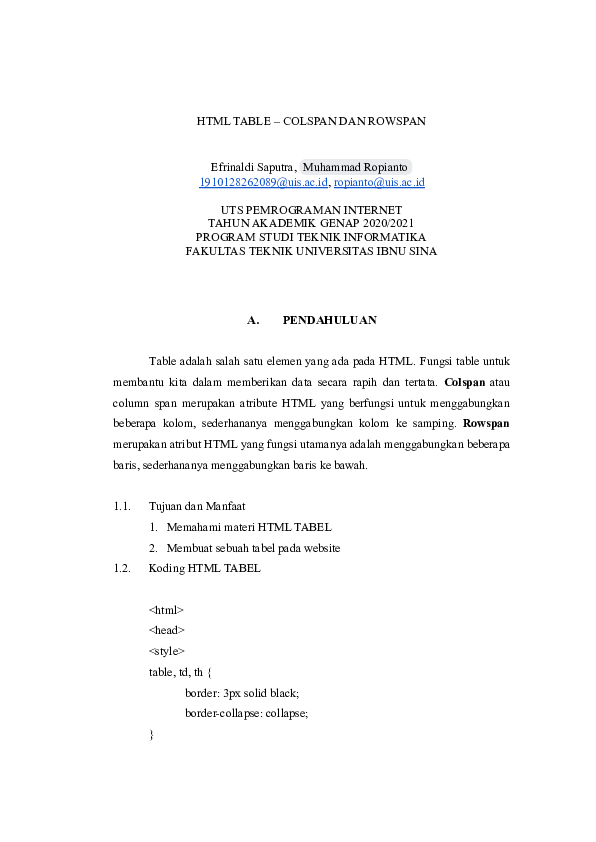Pdf Membuat Tabel Dengan Html Tabel Rowspan Dan Colspan