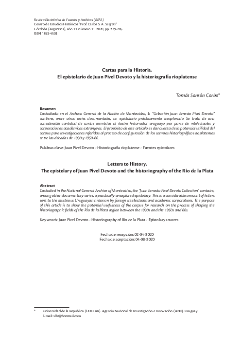 (PDF) Cartas para la Historia. El epistolario de Juan Pivel Devoto y la ...