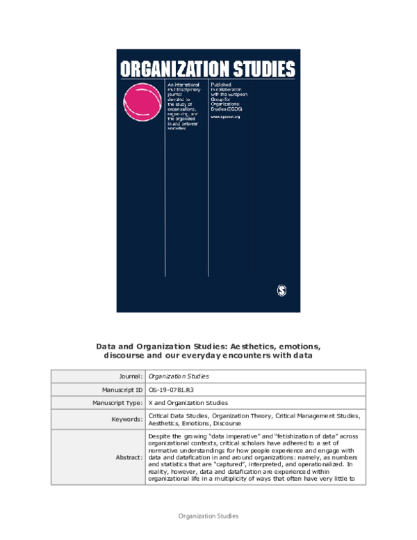 (PDF) Data and Organization Studies: Aesthetics, emotions, discourse ...