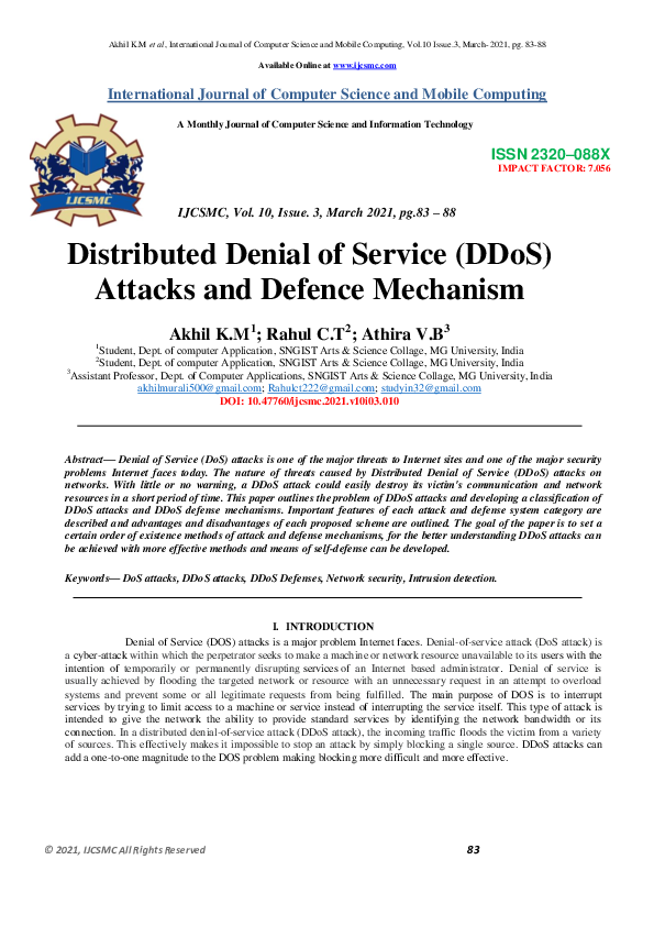 (PDF) Distributed Denial of Service (DDoS) Attacks and Defence Mechanism