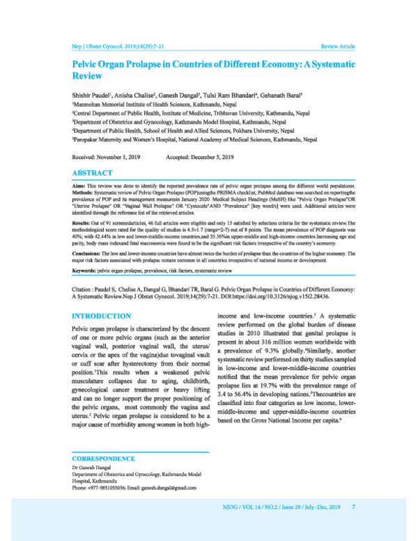 (PDF) Pelvic Organ Prolapse in Countries of Different Economy: A ...