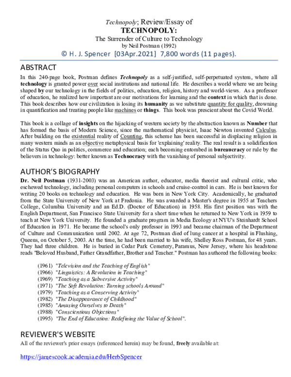(PDF) Technopoly; Review/Essay of TECHNOPOLY: The Surrender of Culture to Technology by Neil ...
