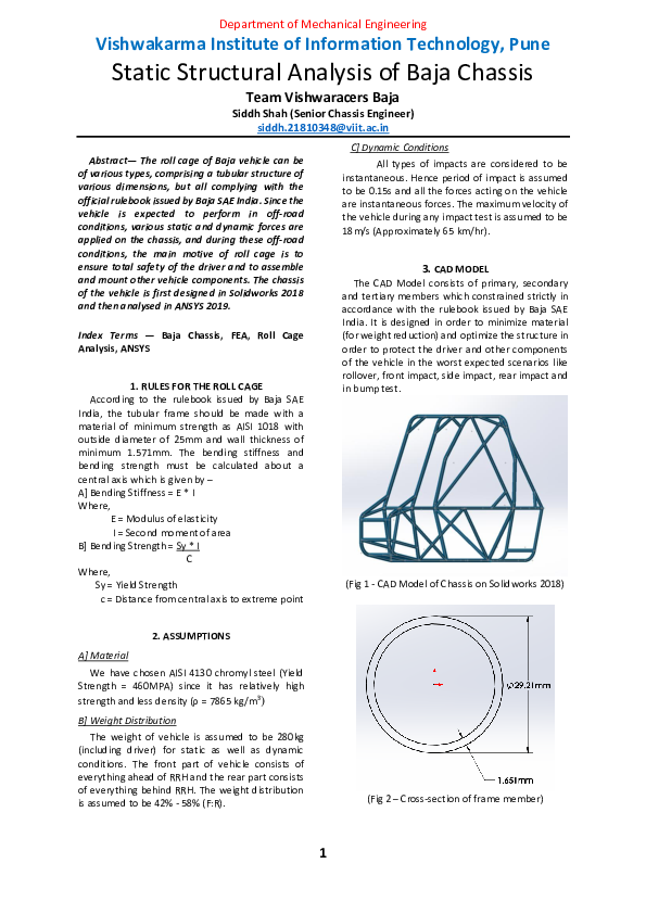 (PDF) Static Structural Analysis of Baja Chassis Team Vishwaracers Baja