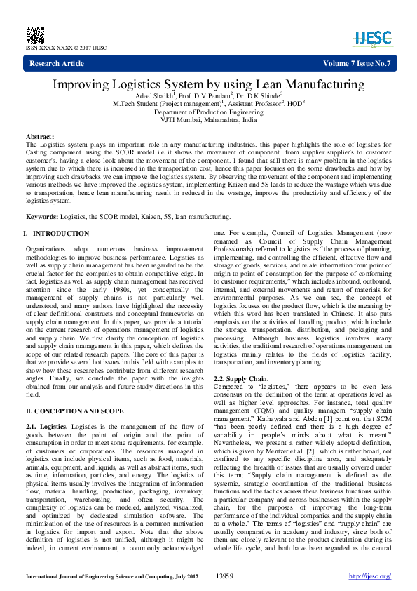 (PDF) Improving Logistics System by using Lean Manufacturing