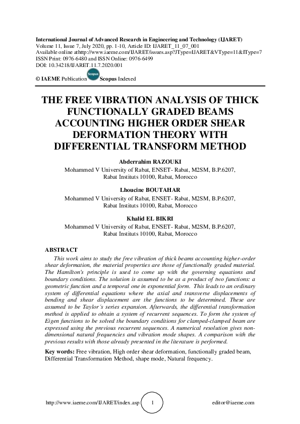 (PDF) THE FREE VIBRATION ANALYSIS OF THICK FUNCTIONALLY GRADED BEAMS ACCOUNTING HIGHER ORDER ...