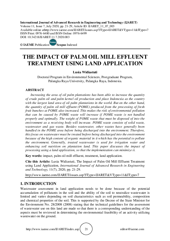 (PDF) THE IMPACT OF PALM OIL MILL EFFLUENT TREATMENT USING LAND APPLICATION