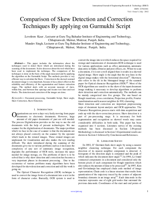 (PDF) Comparison of Skew Detection and Correction Techniques By applying on Gurmukhi Script