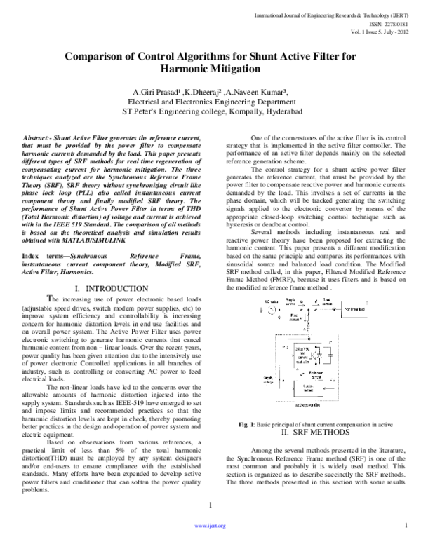 (PDF) IJERT-Comparison of Control Algorithms for Shunt Active Filter for Harmonic Mitigation