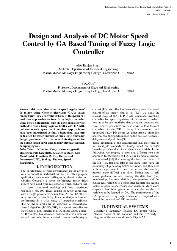 Pdf Ijert Design And Analysis Of Dc Motor Speed Control By Ga Based Tuning Of Fuzzy Logic
