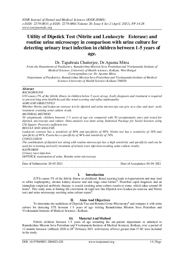 (PDF) Utility of Dipstick Test (Nitrite and Leukocyte Esterase) and ...