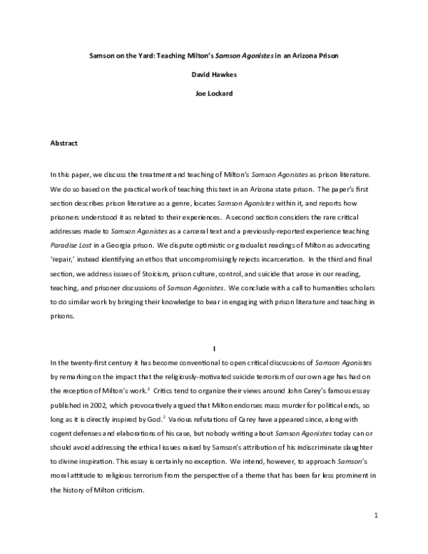(DOC) Samson on the Yard: Teaching Milton's Samson Agonistes in an ...