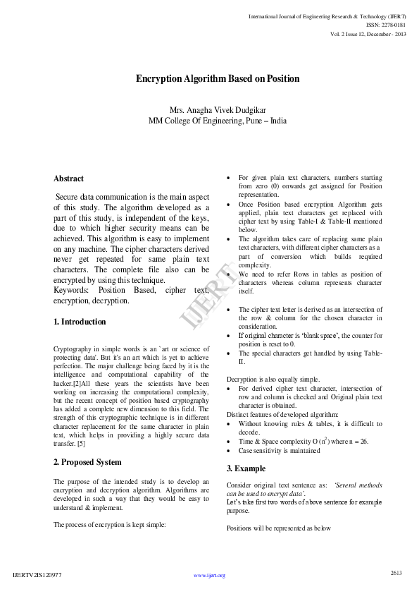 Pdf Ijert Encryption Algorithm Based On Position 9184