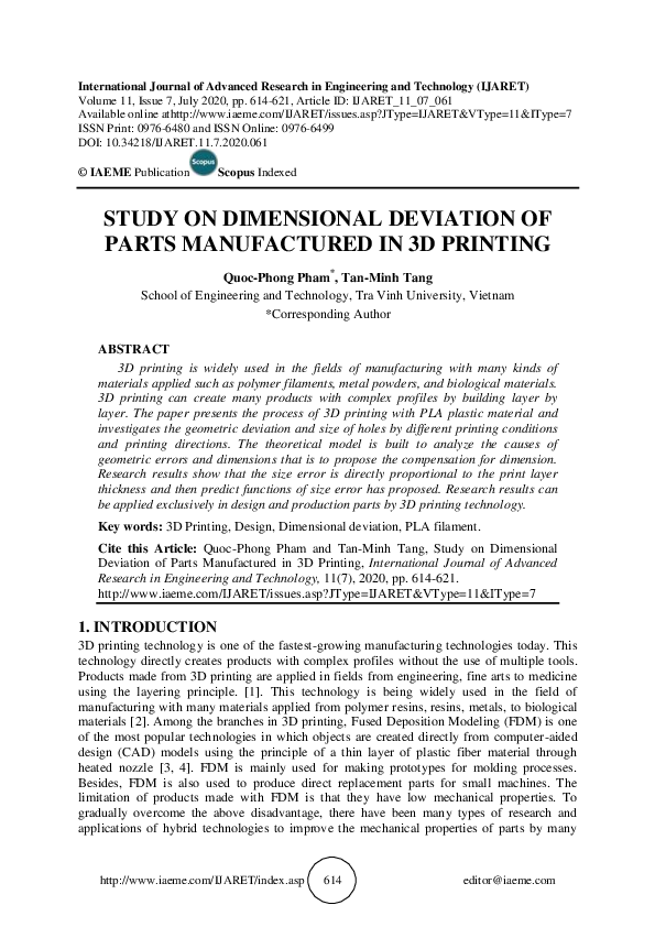(PDF) STUDY ON DIMENSIONAL DEVIATION OF PARTS MANUFACTURED IN 3D PRINTING