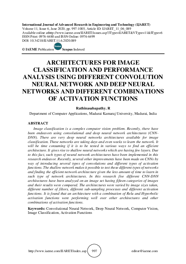 (PDF) ARCHITECTURES FOR IMAGE CLASSIFICATION AND PERFORMANCE ANALYSIS USING DIFFERENT ...