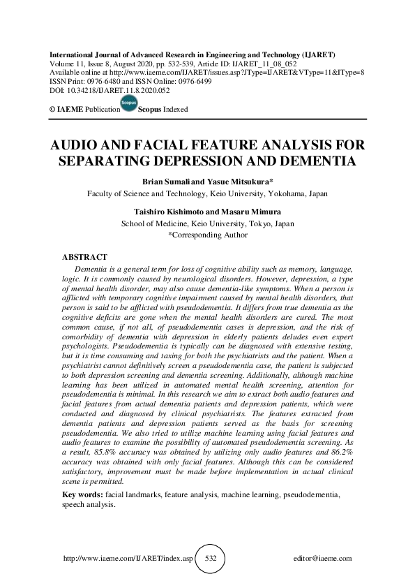 (PDF) AUDIO AND FACIAL FEATURE ANALYSIS FOR SEPARATING DEPRESSION AND ...