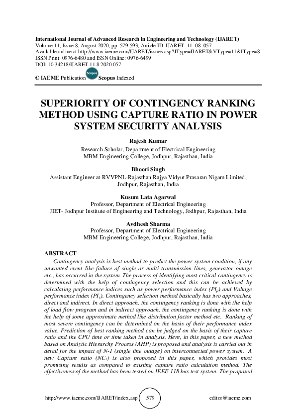 (PDF) SUPERIORITY OF CONTINGENCY RANKING METHOD USING CAPTURE RATIO IN ...