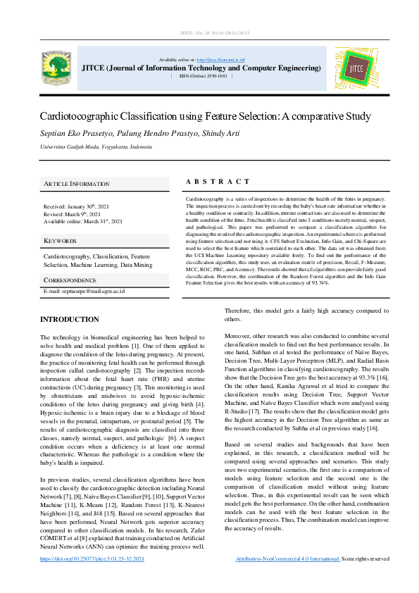 Pdf Cardiotocographic Classification Using Feature Selection A