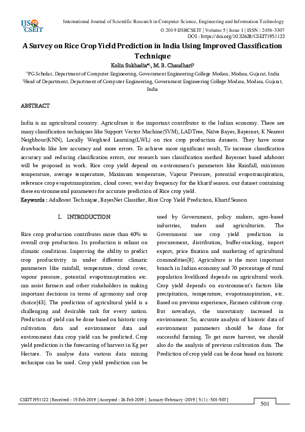 (PDF) CSEIT1951122 | A Survey on Rice Crop Yield Prediction in India ...