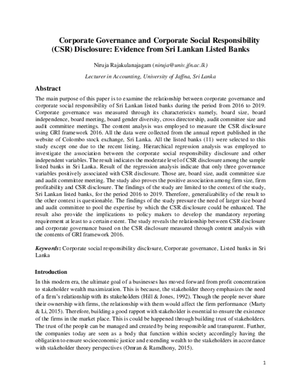(PDF) Corporate Governance and Corporate Social Responsibility (CSR) Disclosure: Evidence from ...
