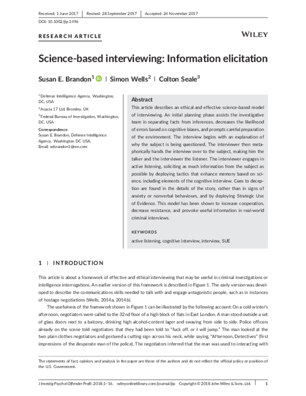 (PDF) Science-based interviewing: Information elicitation | Colton ...