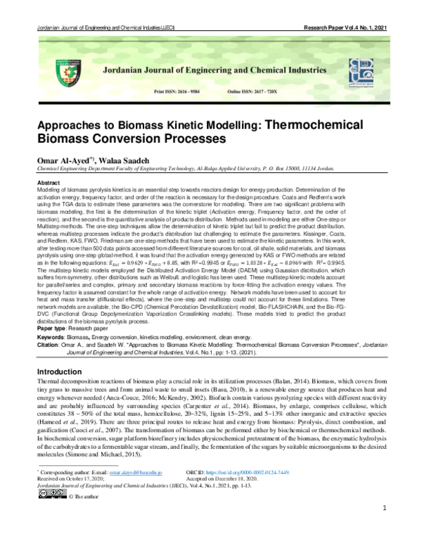 (PDF) Approaches to Biomass Kinetic Modelling: Thermochemical Biomass Conversion Processes