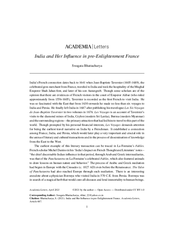 (PDF) India and Her Influence in pre-Enlightenment France