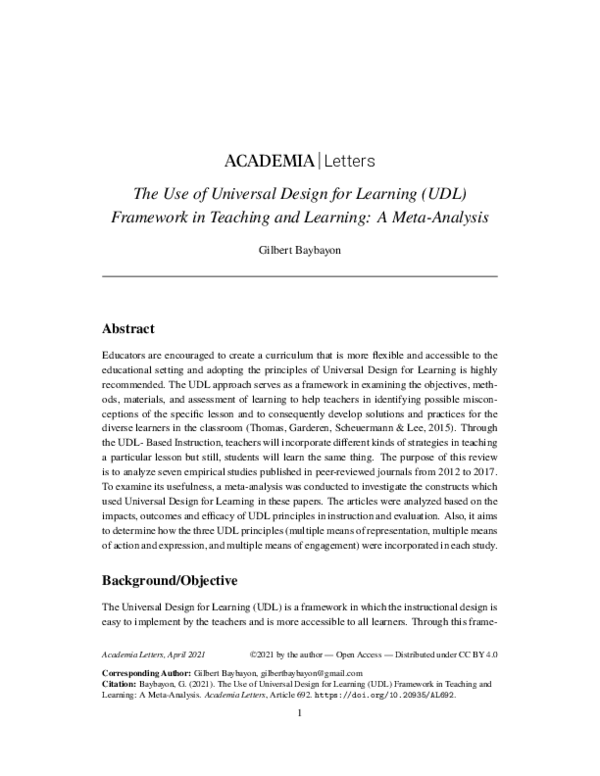 (PDF) The Use of Universal Design for Learning (UDL) Framework in ...