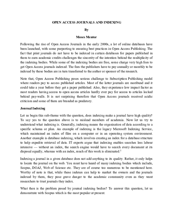(PDF) OPEN ACCESS JOURNALS AND INDEXING