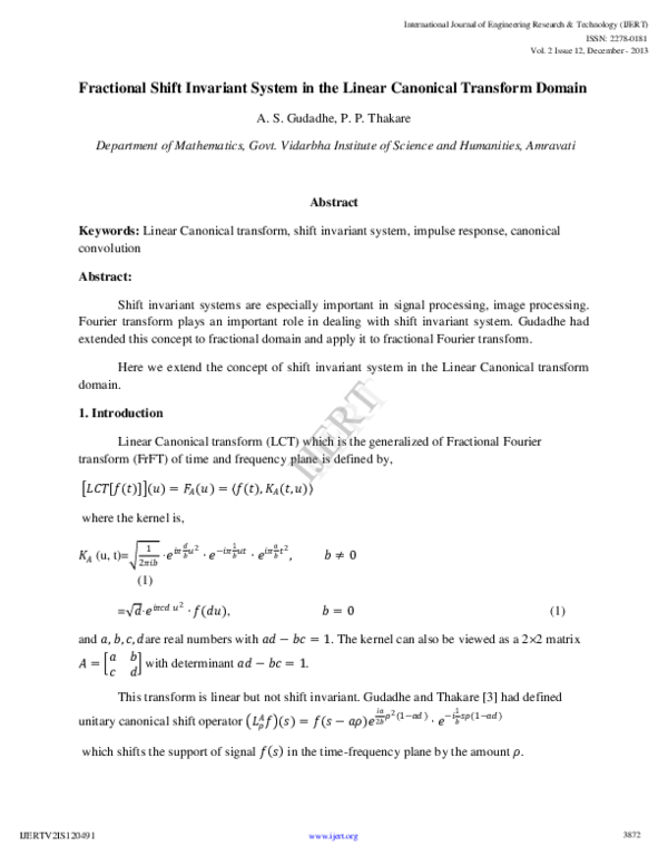 (PDF) IJERT-Fractional Shift Invariant System in the Linear Canonical Transform Domain