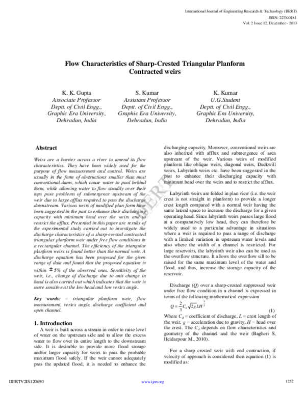 (PDF) IJERT-Flow Characteristics of Sharp-Crested Triangular Planform Contracted weirs