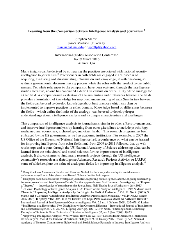 (PDF) Marrin--Learning from the Comparison Between Intelligence Analysis and Journalism--ISA2016
