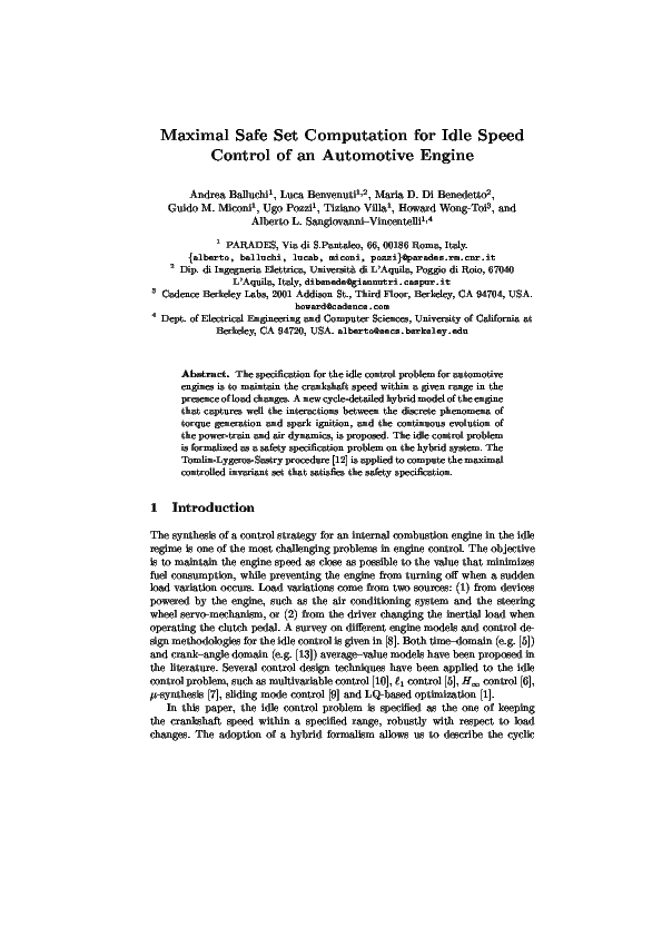 Maximal safe set computation for idle speed control of an automotive engine