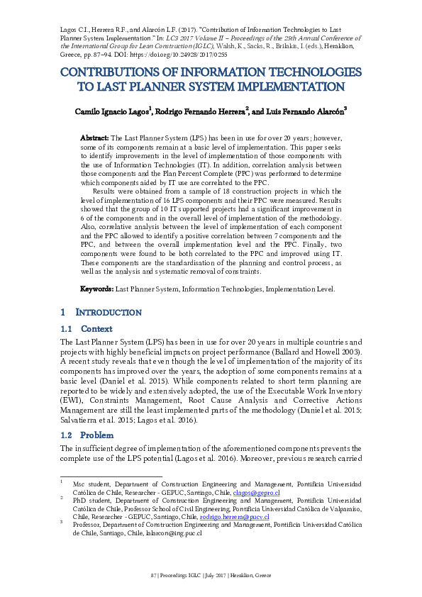 (PDF) Contribution of Information Technologies to Last Planner System Implementation