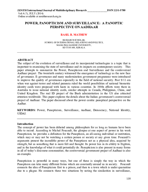 (PDF) POWER, PANOPTICISM AND SURVEILLANCE: A PANOPTIC PERSPECTIVE ON ...