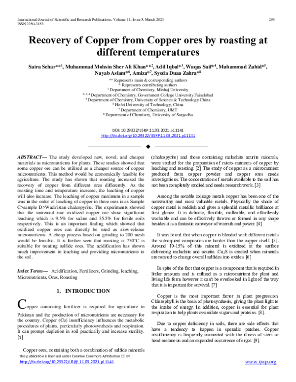 (PDF) Recovery of Copper from Copper ores by roasting at different ...