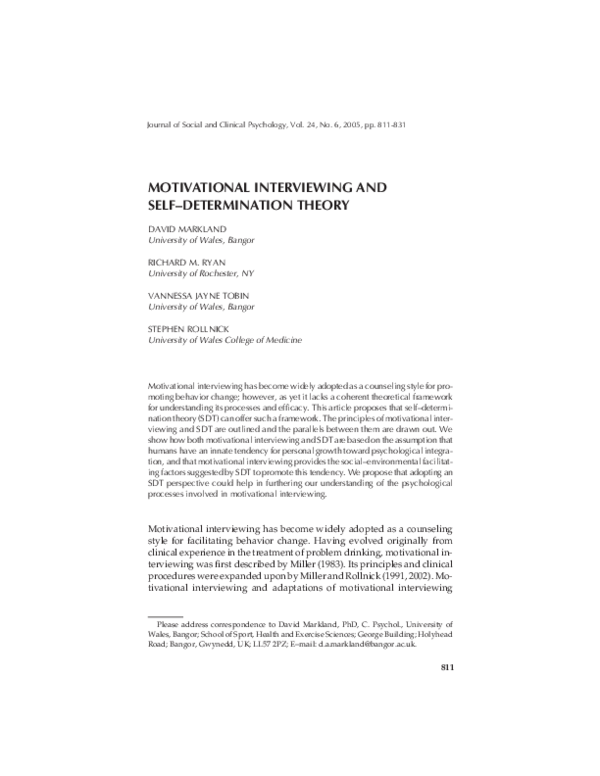 (PDF) Motivational Interviewing and Self–Determination Theory
