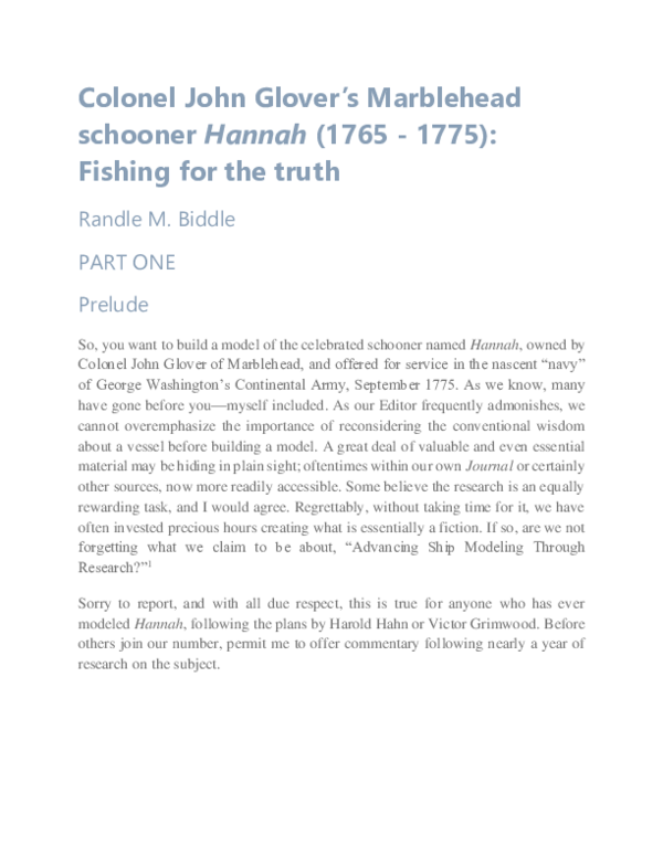 (PDF) Colonel John Glover's Marblehead schooner Hannah (1765 -1775 ...