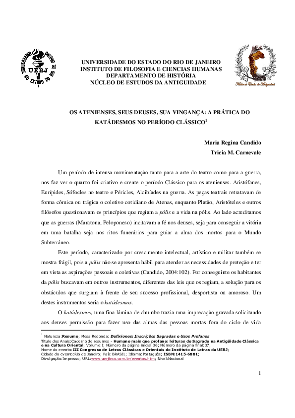 (PDF) Os Atenienses, seus Deuses, sua Vingança: A Prática do Katadesmos ...