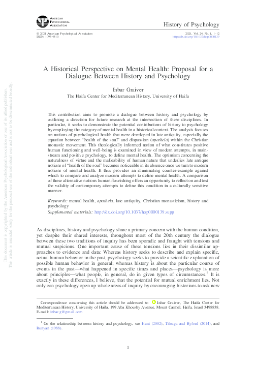 (PDF) Historical Perspective on Mental Health: Dialogue Between History ...