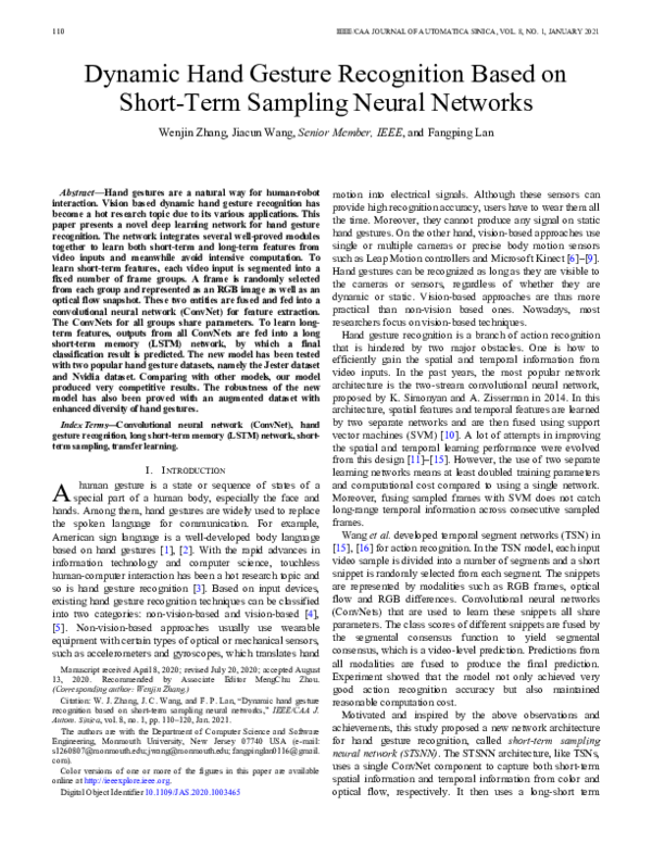 (PDF) Dynamic Hand Gesture Recognition Based on Short-Term Sampling Neural Networks