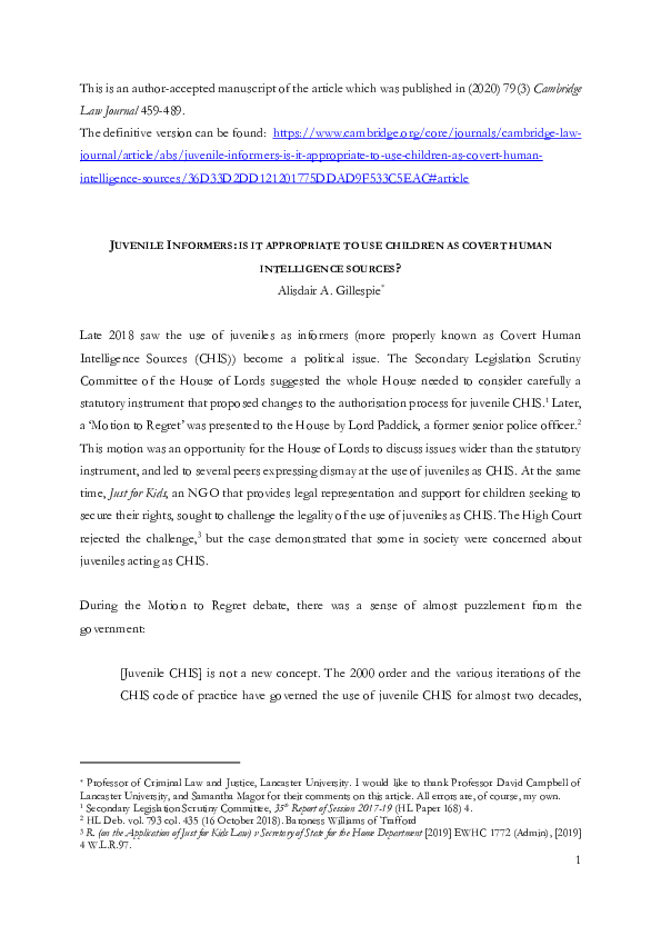 (PDF) Juvenile informers: Is it appropriate to use children as Covert ...