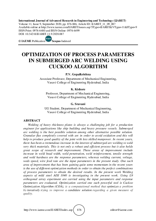 (PDF) OPTIMIZATION OF PROCESS PARAMETERS IN SUBMERGED ARC WELDING USING CUCKOO ALGORITHM