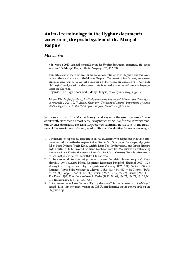 (PDF) Animal terminology in the Uyghur documents concerning the postal ...