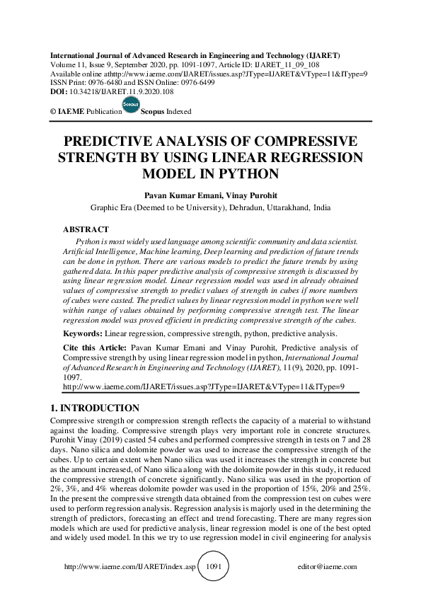 (PDF) PREDICTIVE ANALYSIS OF COMPRESSIVE STRENGTH BY USING LINEAR REGRESSION MODEL IN PYTHON
