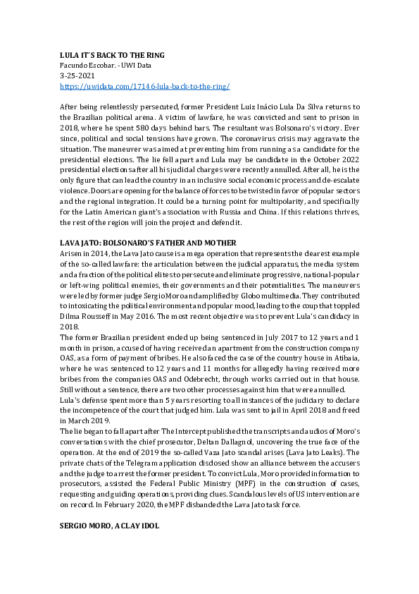(PDF) LULA IT´S BACK TO THE RING