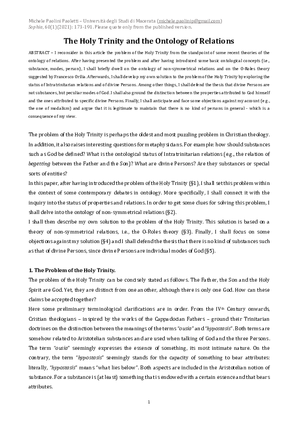 The Holy Trinity and the Ontology of Relations