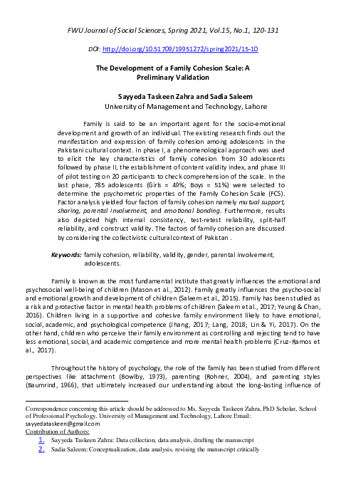 (PDF) The Development of a Family Cohesion Scale: A Preliminary Validation
