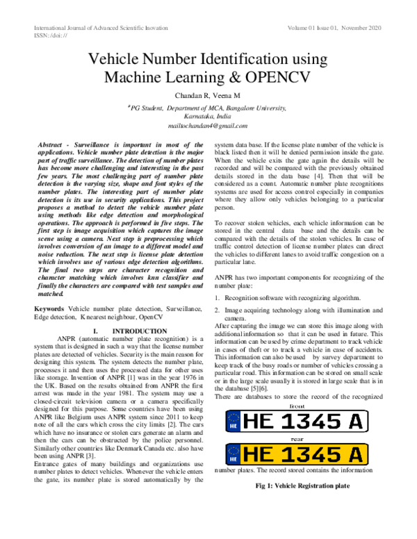 (PDF) Vehicle Number Identification using Machine Learning & OPENCV